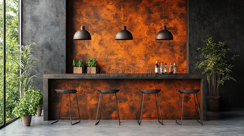 Industrial Bar Interior Design, Rust Wall, Plants, City View Stock ...