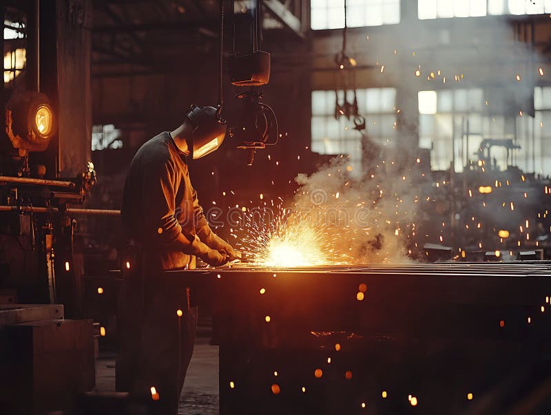 Industrial Blacksmith Welding Metal with Sparks in High-Tech Workshop ...