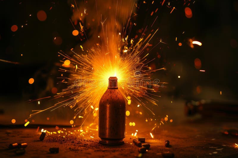 Industrial Bottle with Sparks Flying in Workshop Stock Image - Image of ...