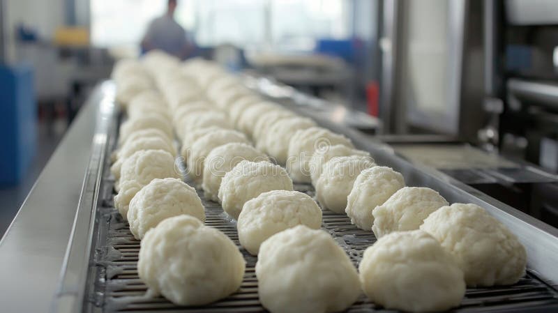 Industrial Bread Production Line with Freshly Baked Rolls in Factory ...