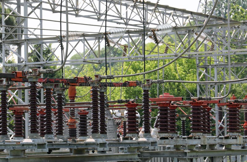 Switches of a High Voltage Electric Line on a Concrete Pole Stock Photo ...