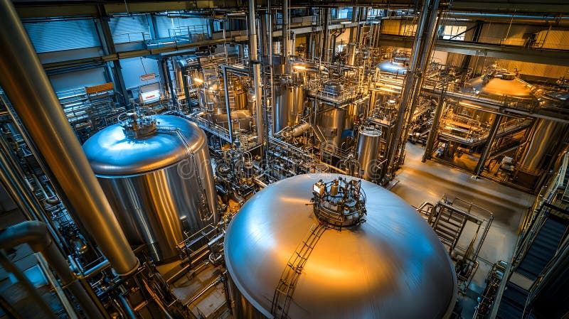 Industrial Brewery with Large Fermentation Tanks and Complex Piping ...