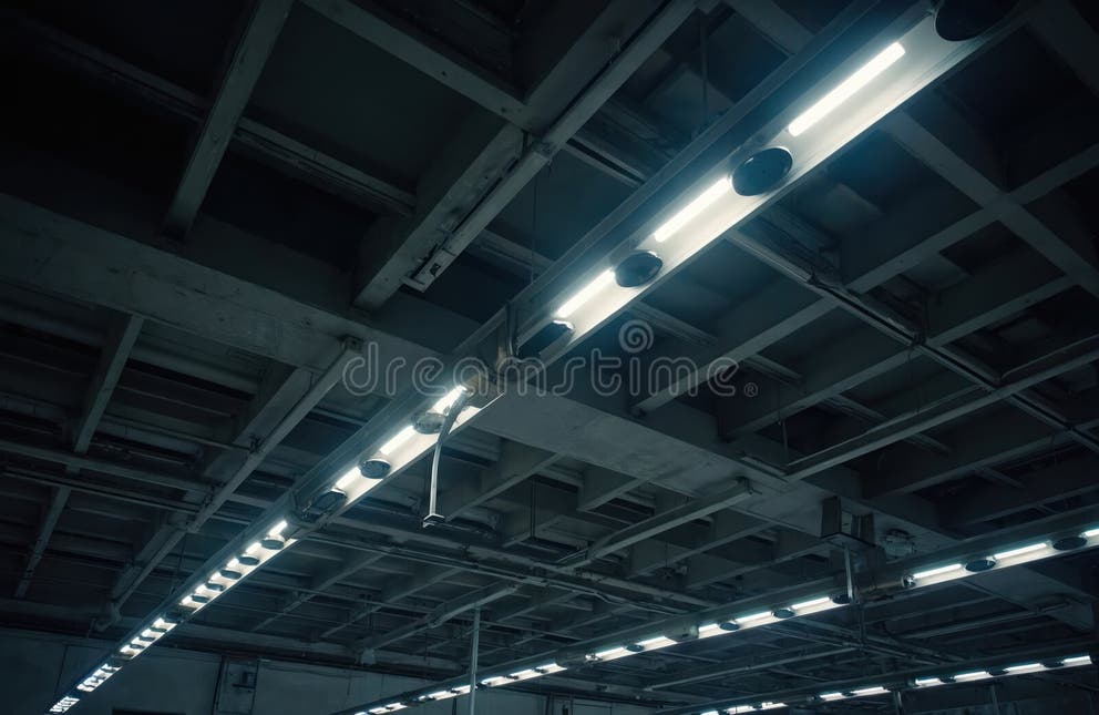 Industrial Building Ceiling with Modern Lighting System. Long Lines of ...