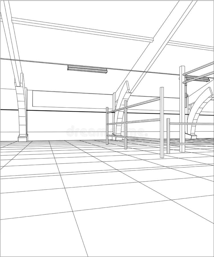 Industrial Building Constructions Indoor. Tracing Illustration of 3d ...