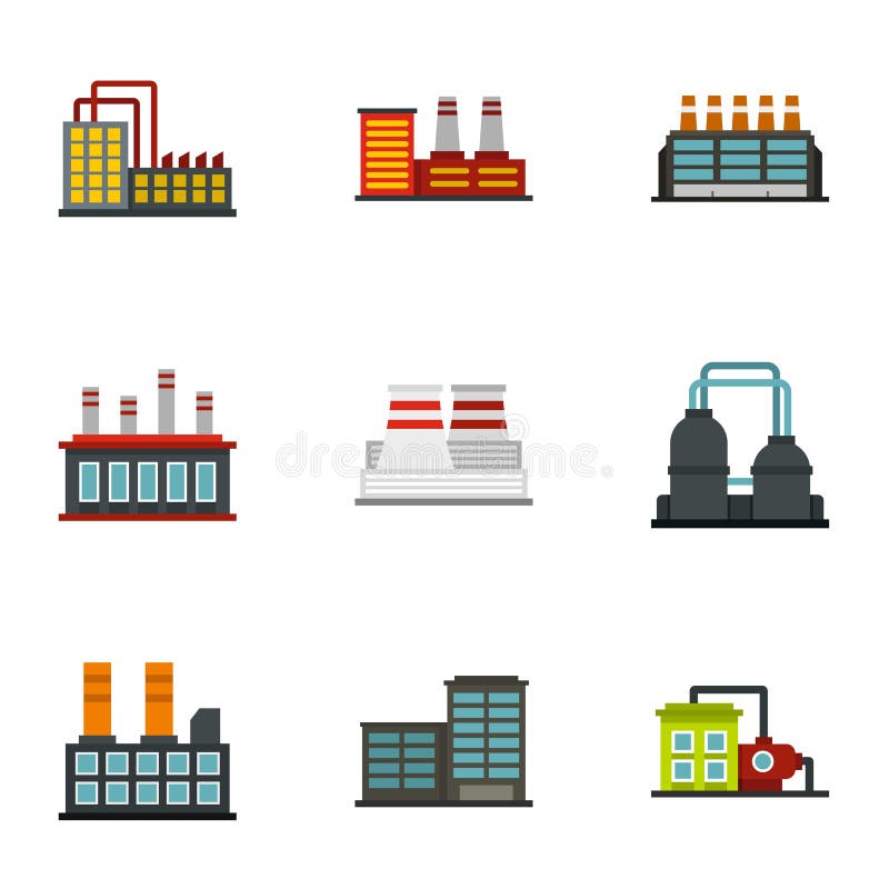 Industrial Building Icons Set, Flat Style Stock Vector - Illustration ...