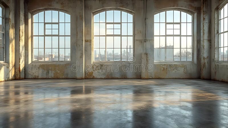 Industrial Building Interior with Arched Windows and City Skyline View ...
