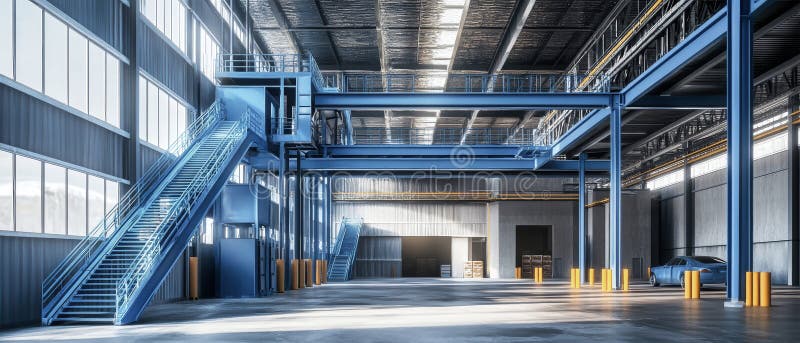 Industrial Building Interior Featuring Blue Metal Structures and ...