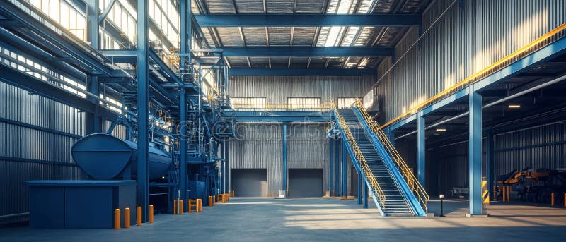 Industrial Building Interior Featuring Blue Metal Structures and a ...