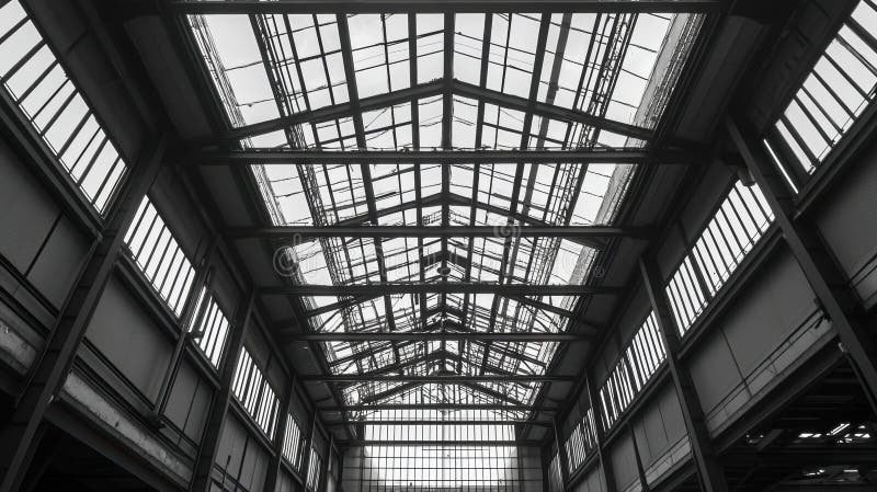 Industrial Building Interior Featuring Large Skylights and Metal Beams ...