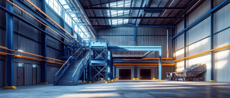 Industrial Building Interior Showcasing Blue Metal Structures and Steel ...