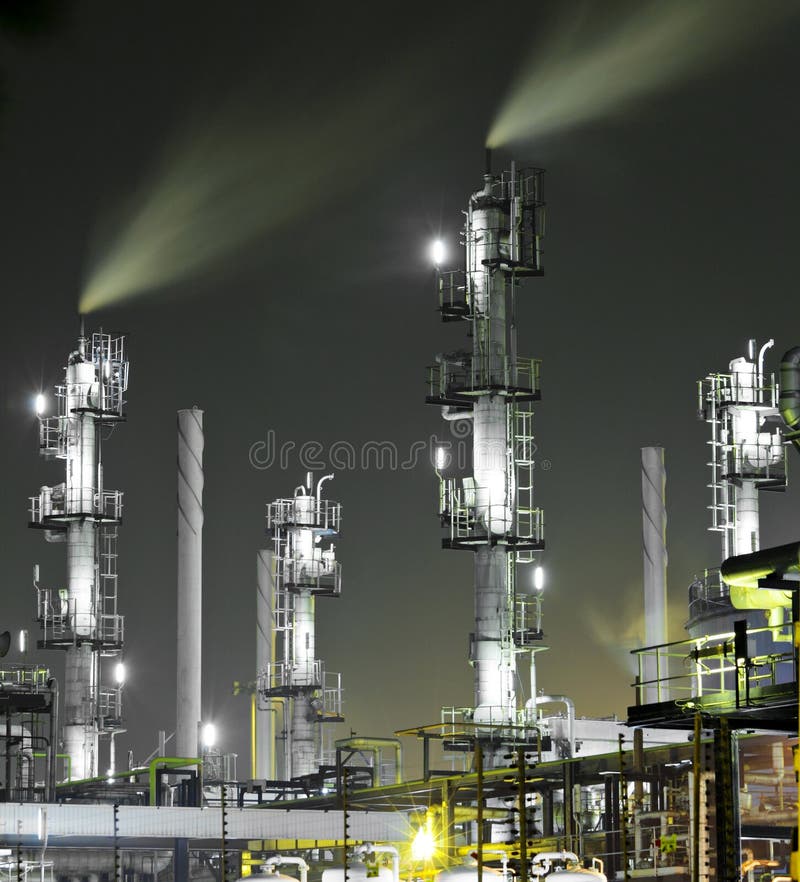 Industrial Building at Night Stock Photo - Image of fuel, production ...