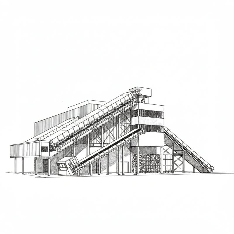 Industrial Building Sketch Featuring a Multi-level Structure with ...
