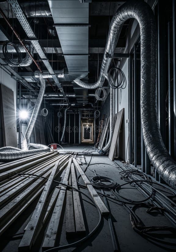 Industrial Building Under Construction Showing Complex HVAC Ductwork ...