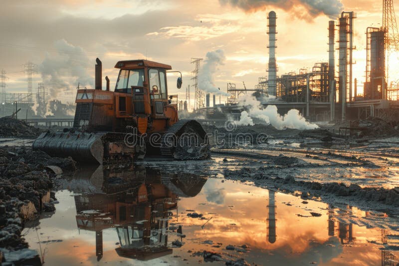 Industrial Bulldozer at Oil Refinery Site during Sunset with Smoke and ...