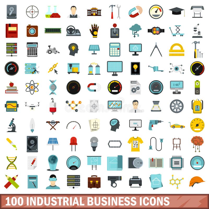 100 Industrial Business Icons Set, Flat Style Stock Vector ...