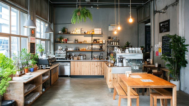 Industrial Cafe Interior, Daytime, City View Coffee Brewing Menu Board ...