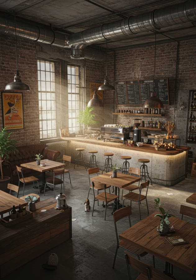 Industrial Cafe Interior with Wooden Tables and Sunlight Stock ...