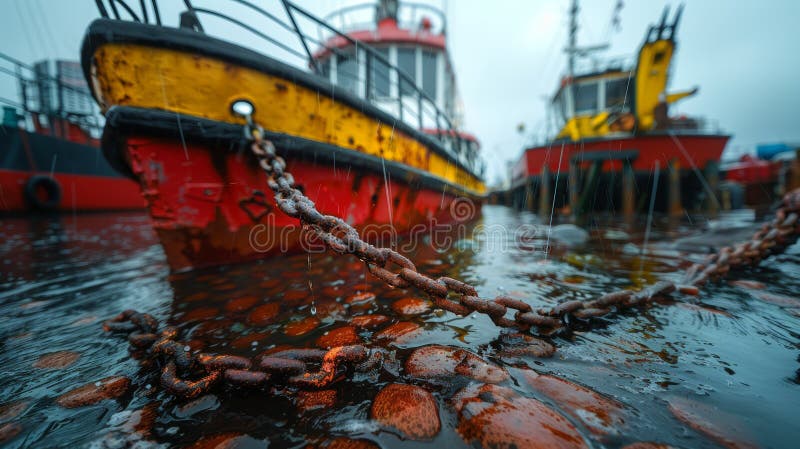 Industrial Cargo Ship Anchored with Rusty Chains at Busy Dock Stock ...