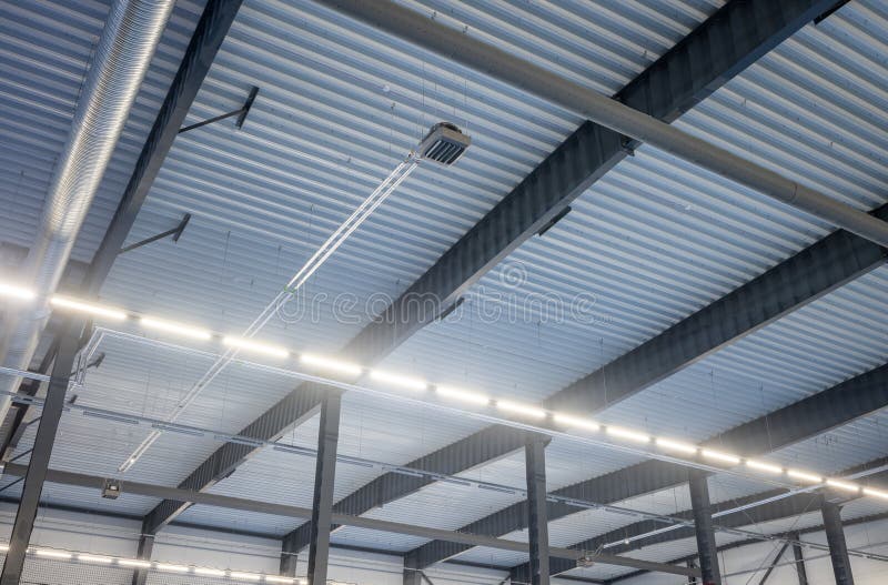 Industrial Ceiling with Metal Beams, Ventilation Ducts, and Fluorescent ...