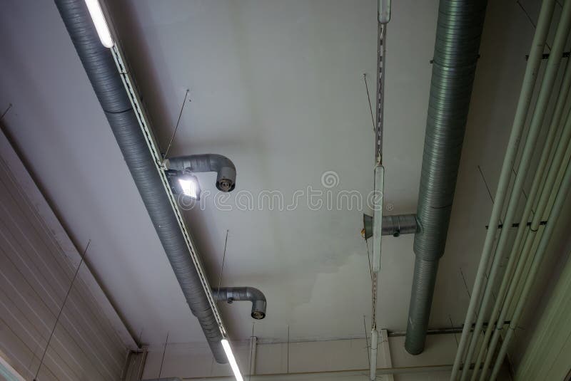 Industrial Ceiling with Ventilation Ducts and Fluorescent Lights Inside ...