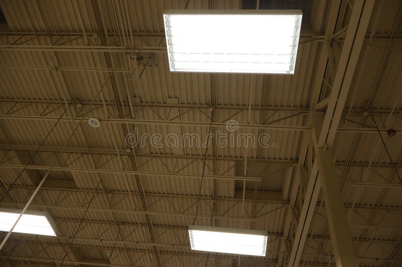 Industrial Ceiling Warehouse with Three Multi Buld Lights Stock Image ...
