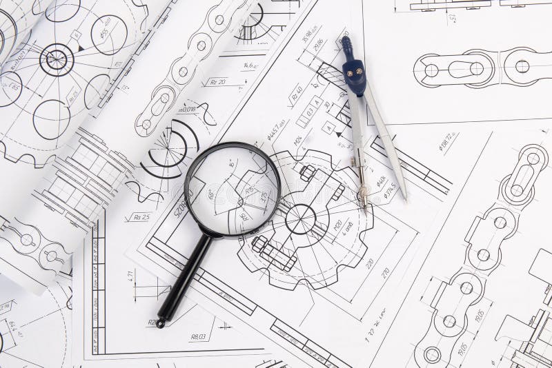 Industrial Chain Drawings, Engineering Compass and Magnifying Glass ...