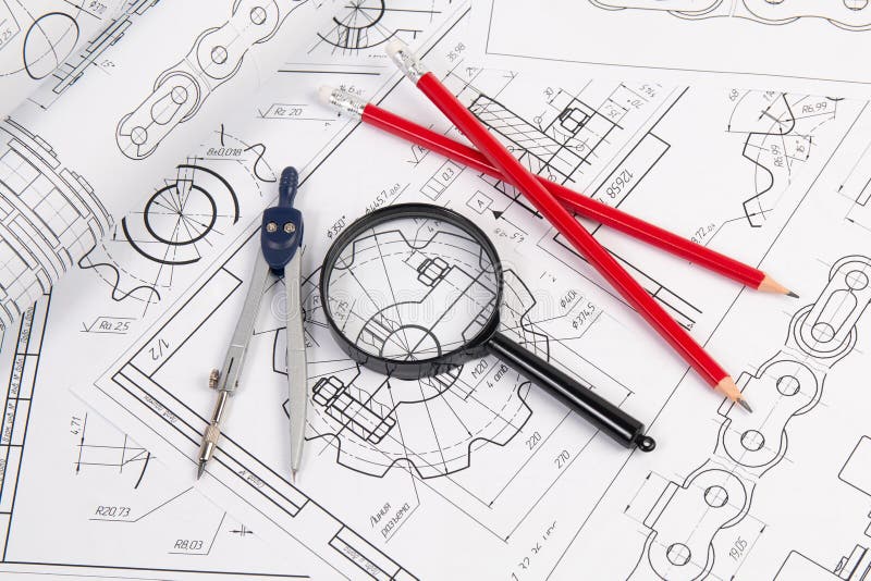 Industrial Drawings, Engineering Magnifying Glass, Digital Caliper and ...
