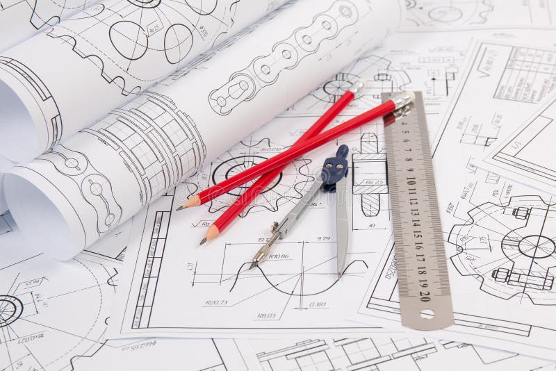 Industrial Chain Drawings, Engineering Compass, Ruler and Pencils Stock ...