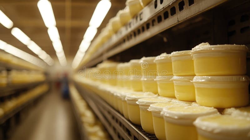 Industrial Cheese Factory Storage with Rows of Cheese Wheels on Shelves ...