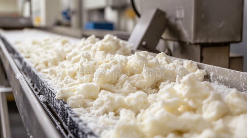 Industrial Cheese Production on Conveyor Belt in Factory Setting Stock ...