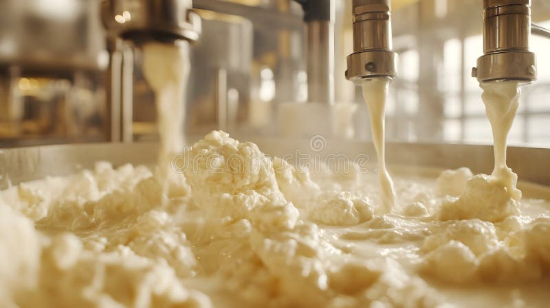 Industrial Cheese Production Process with Creamy Curds in Factory ...