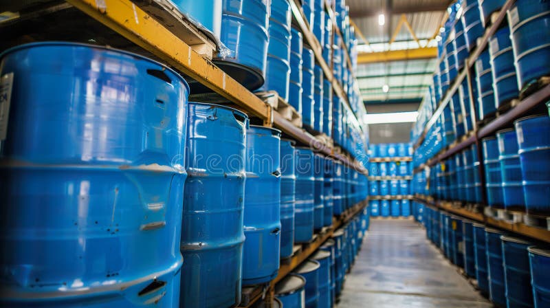 Industrial Chemical Storage Warehouse with Blue Containers Stock Photo ...