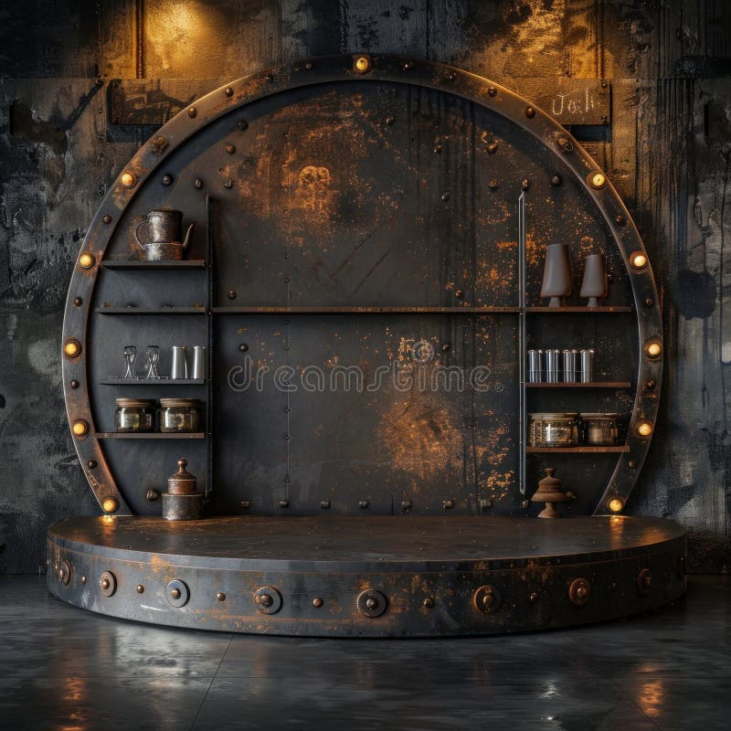Industrial Chic Backdrop with Circular Shelves and Stage, Perfect for ...