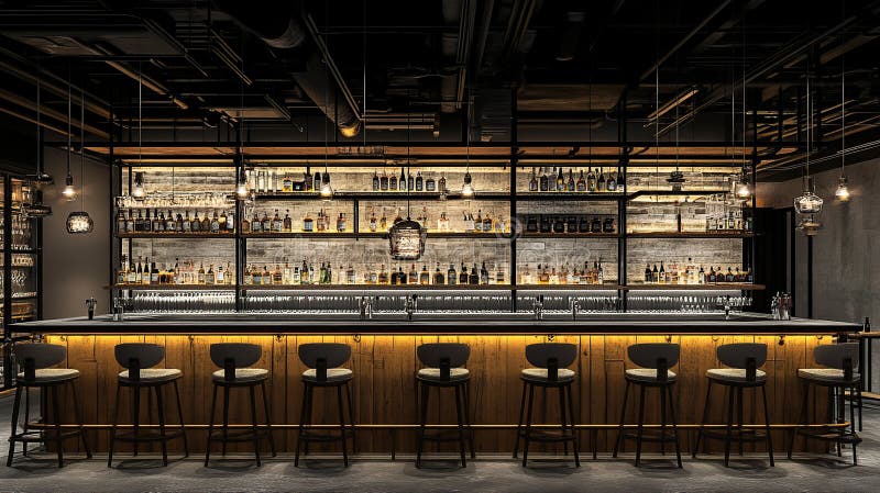 Industrial-chic Bar Interior, Night, Empty, Shelving, Drinks, Urban ...