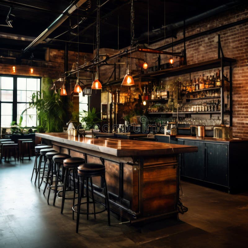 Industrial Chic Bar with Warm Lighting and Rustic Decor Stock Photo ...