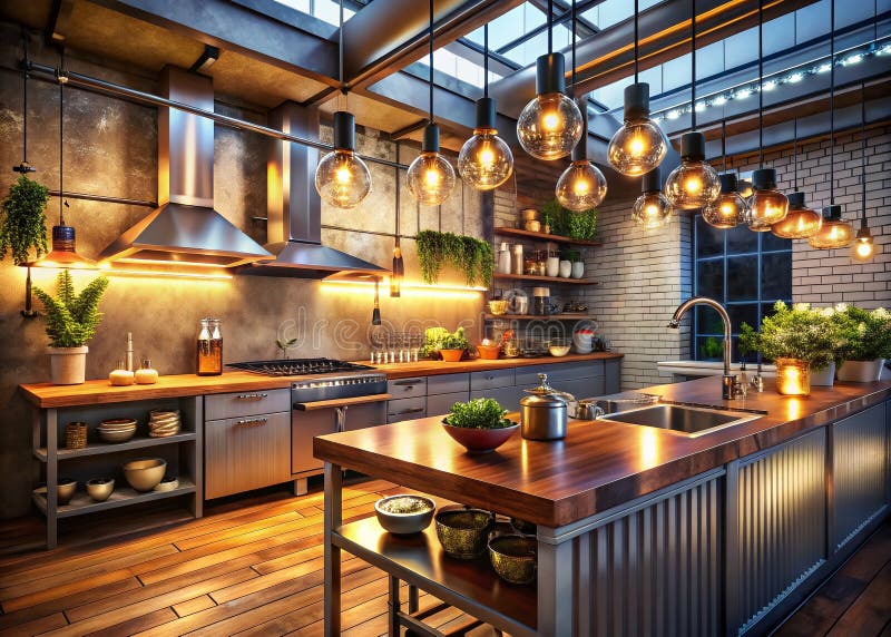 Industrial Chic Kitchen Design Exposed Pipes Bokeh Lighting and Modern ...