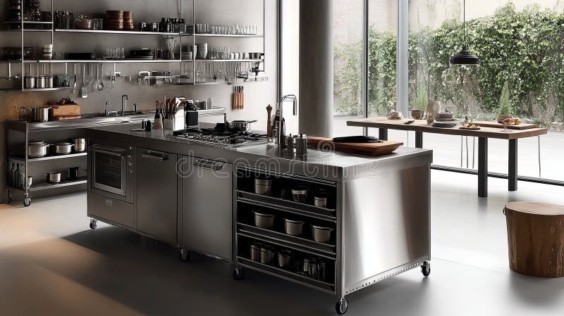 Industrial-chic Kitchen with Open Shelving and Stainless Steel Finishes ...