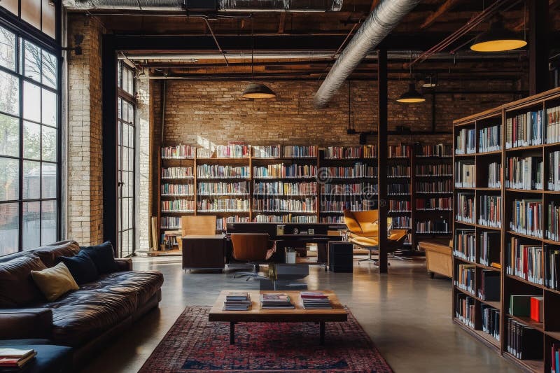 Industrial-Chic Modern Library Design Stock Illustration - Illustration ...