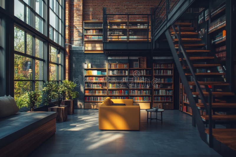 Industrial-Chic Modern Library Design Stock Illustration - Illustration ...