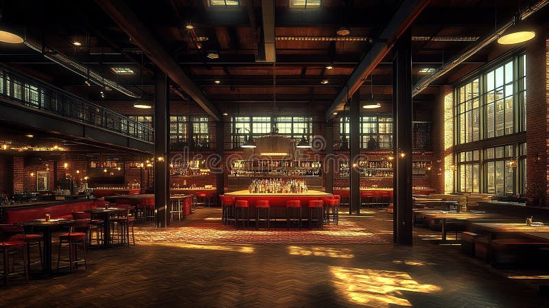 Industrial-chic Restaurant Interior with Large Windows, Exposed Beams, and a Long Bar Stock ...