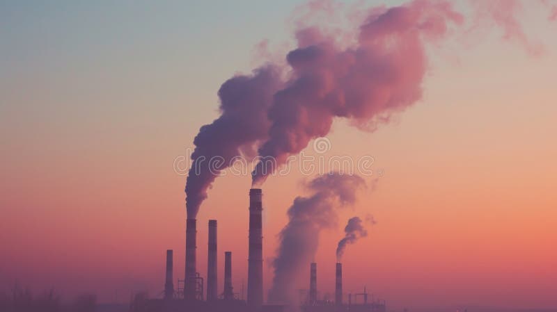 Industrial Chimneys Emitting Smoke at Sunset, Environmental Pollution ...