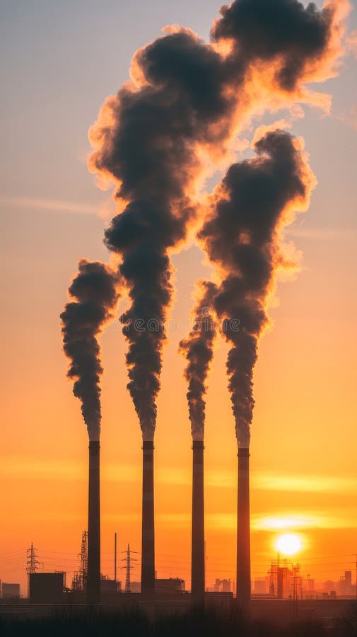 Industrial Chimneys with Smoke at Sunset, Air Pollution Concept Stock ...