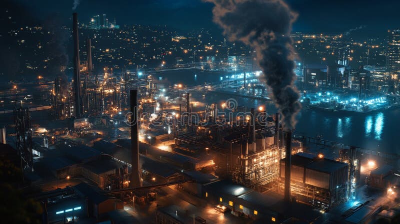 Industrial Cityscape at Night with Factories and Illuminated Skyline ...