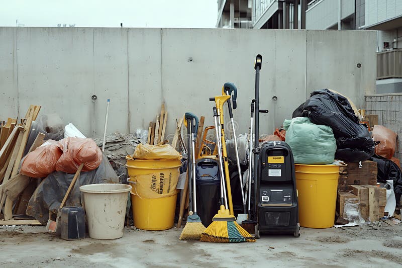 Industrial Cleaning Tools at a Construction Site with Debris Stock ...
