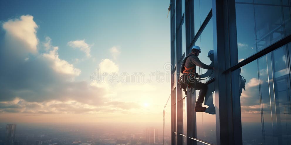 An Industrial Climber Hangs at Heights, Skillfully and Safely ...