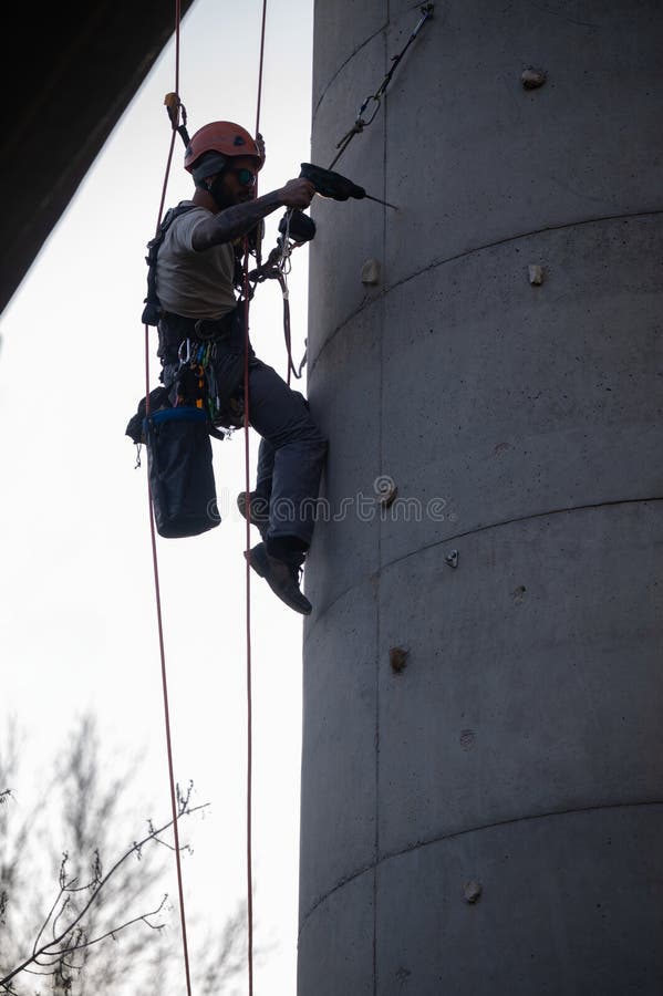 Rope Access Technician Working Height Performing Maintenance Concrete ...
