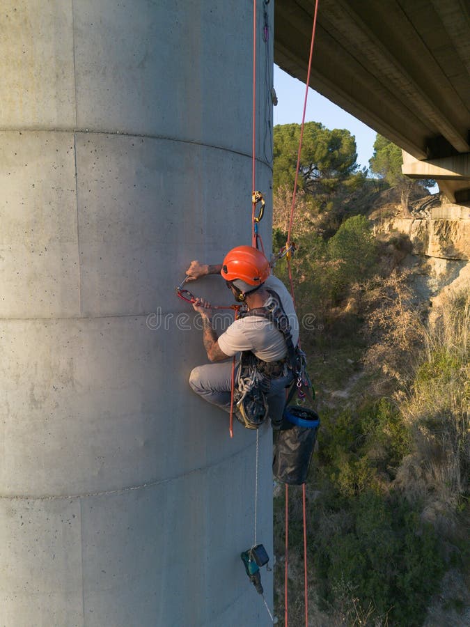 Rope Access Technician Working Concrete Bridge Pillar Inspection ...