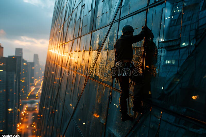 Industrial Climbers Cleaning Blue Windows Outside Building, Generative ...