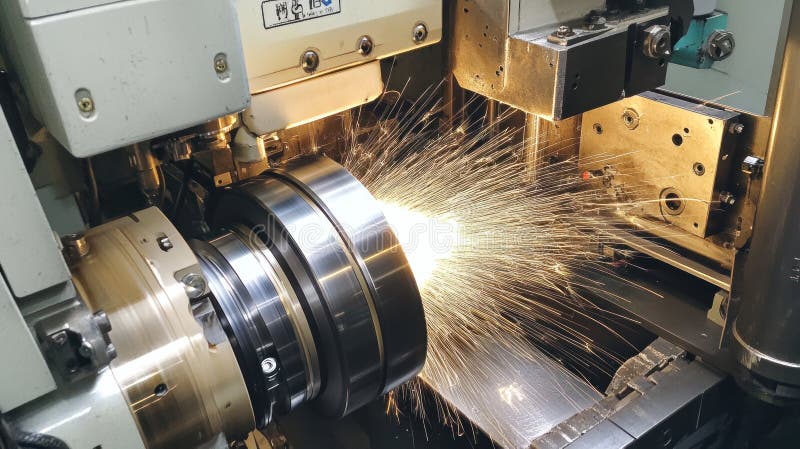 Industrial CNC Lathe Machine Producing Sparks during Metalwork Process ...
