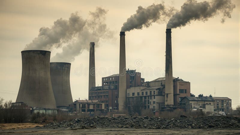 Industrial Coal Plant Emitting Smoke and Pollution with Barren Ash ...